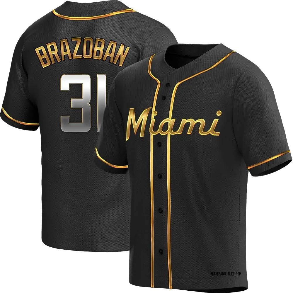 Men's Replica Black Golden Huascar Brazoban Miami Marlins Alternate ...